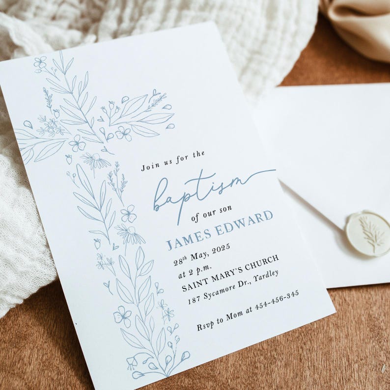 Baptism Invitation Template, Editable Baptism Invite, Blue Baptism ...