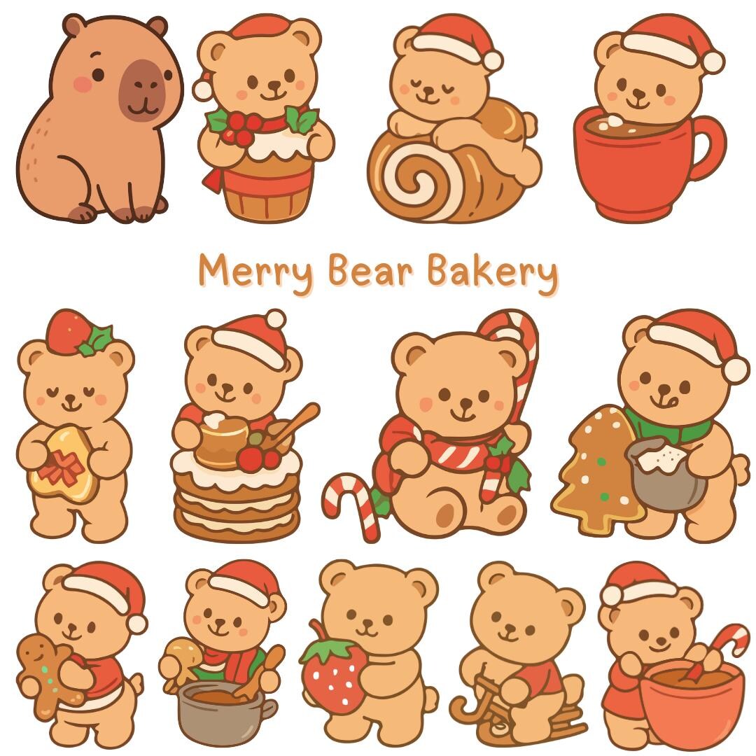 Kawaii Christmas Bear Bakery Clipart, Festive Holiday Desserts, Cute ...