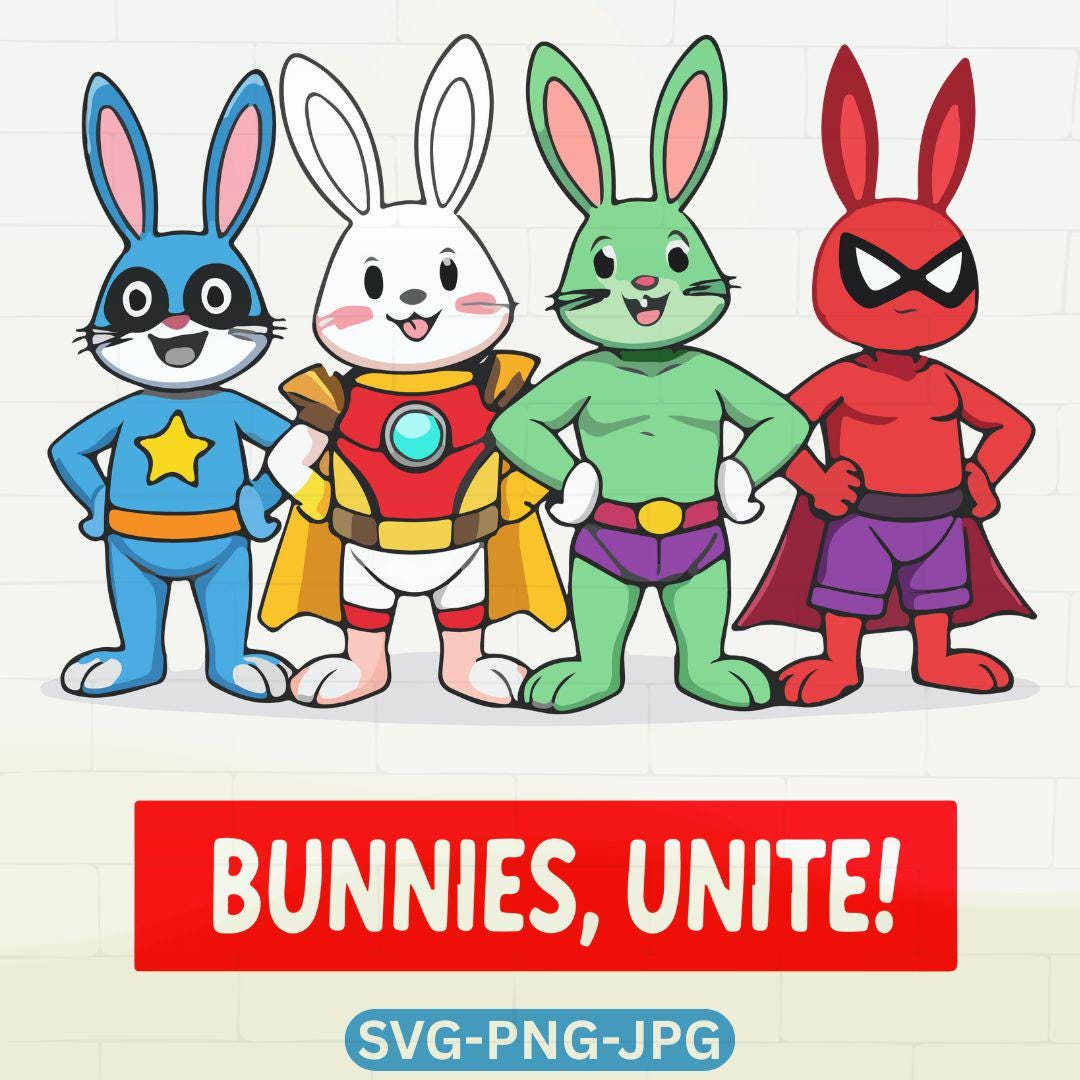 Superhero Bunny Squad SVG PNG Funny Bunnies | Cute Cartoon Rabbits ...