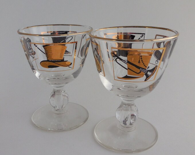2 Vintage Libbey Top Hat Cocktail Glasses Circa 1960s Black And Gold Etsy