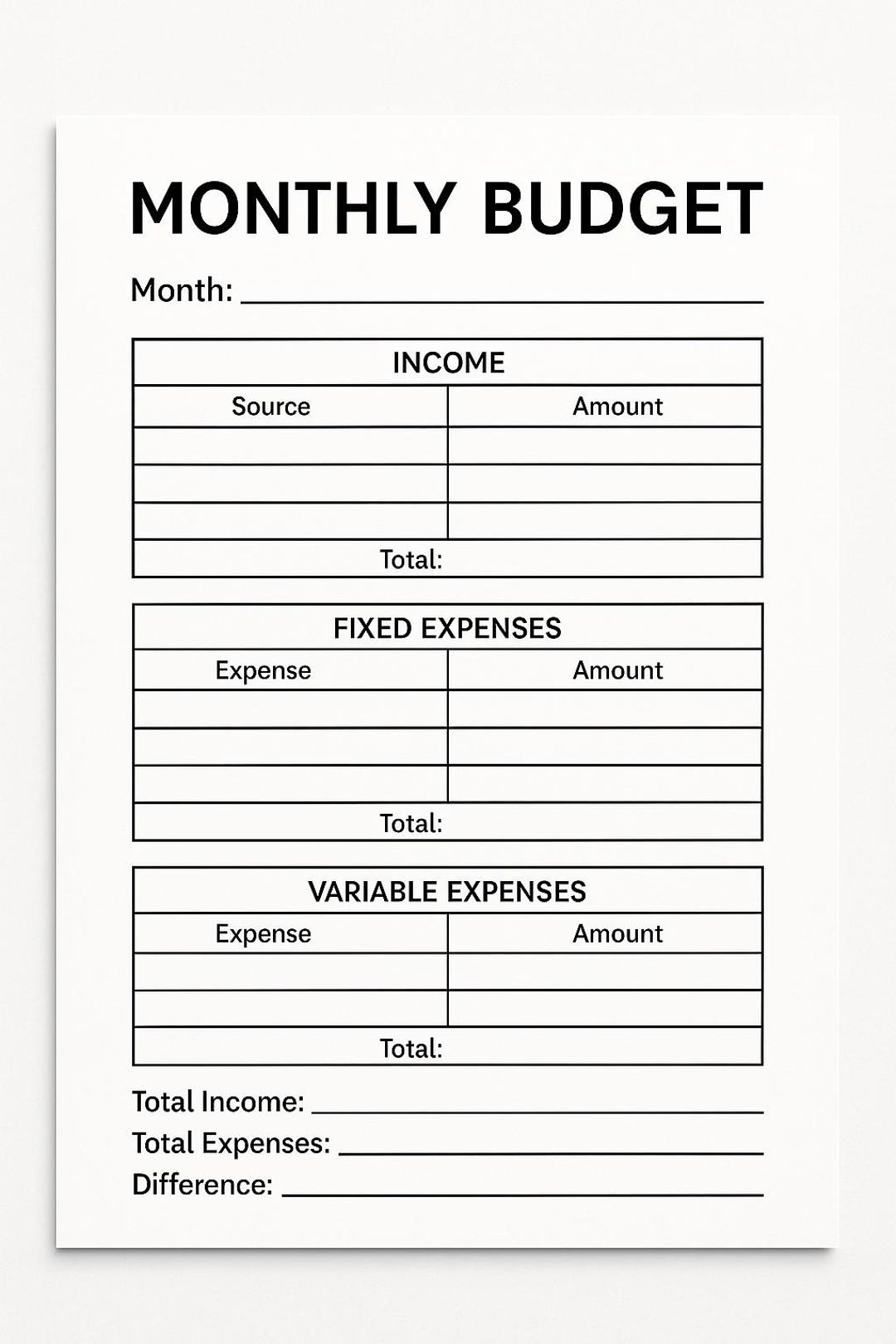Printable Monthly Budget Chart – Simple Personal Finance Tracker ...