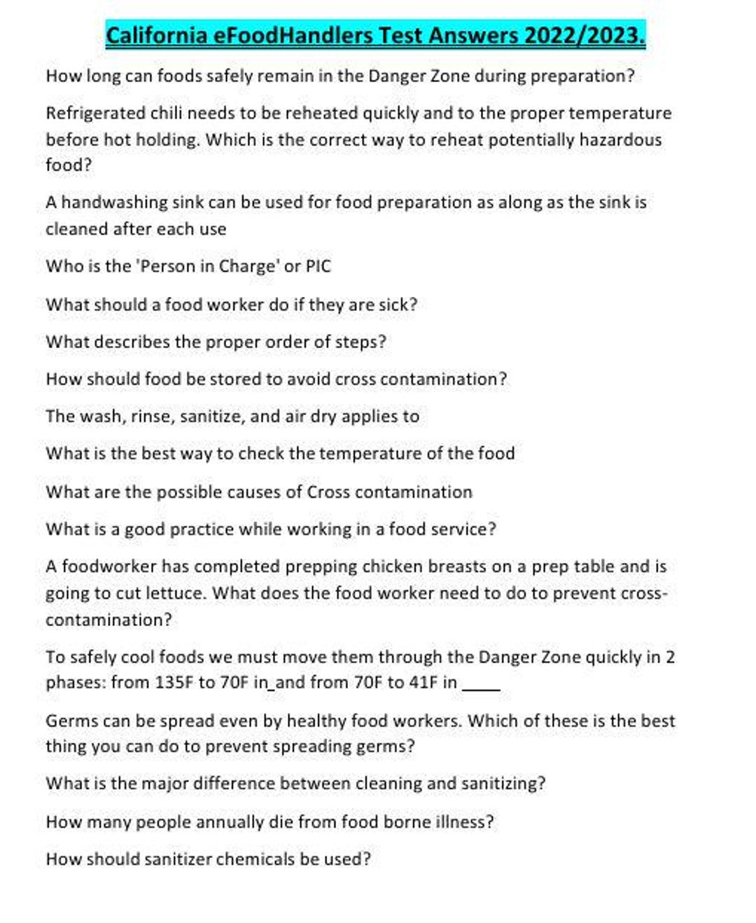 California Efoodhandlers Exam Actual Exam | 150 Questions and Correct ...