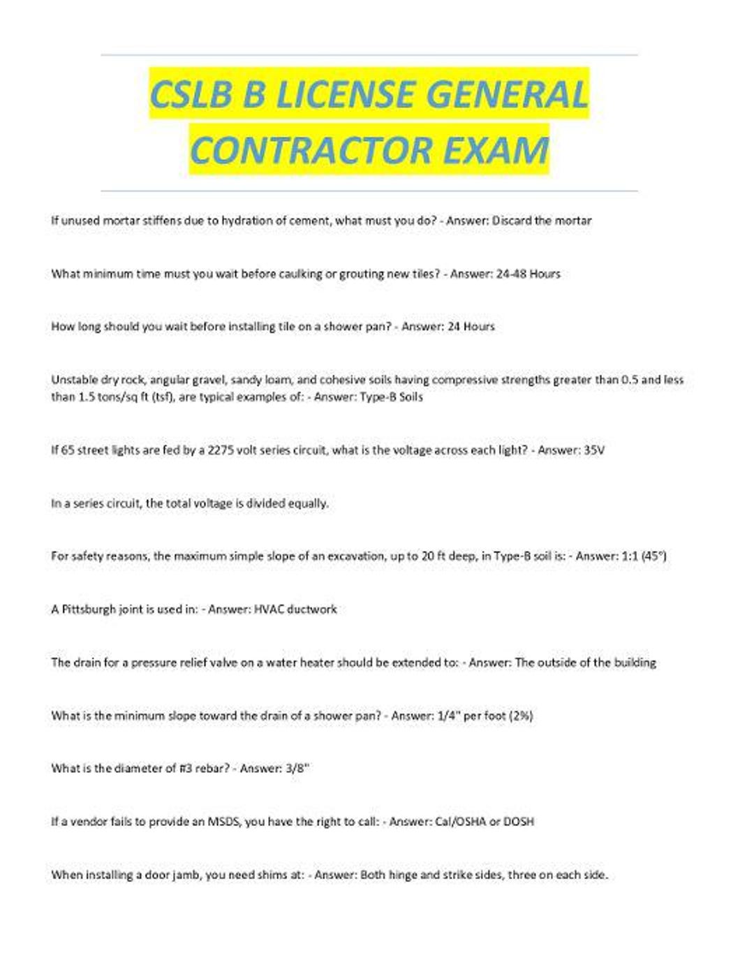 CSLB B LICENSE GENERAL Contractor Exam 2025 Update Questions and Answers - Etsy