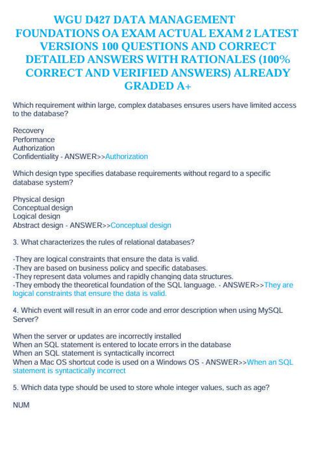 WGU D427 Database Management Foundations OA Exam Guide - Etsy