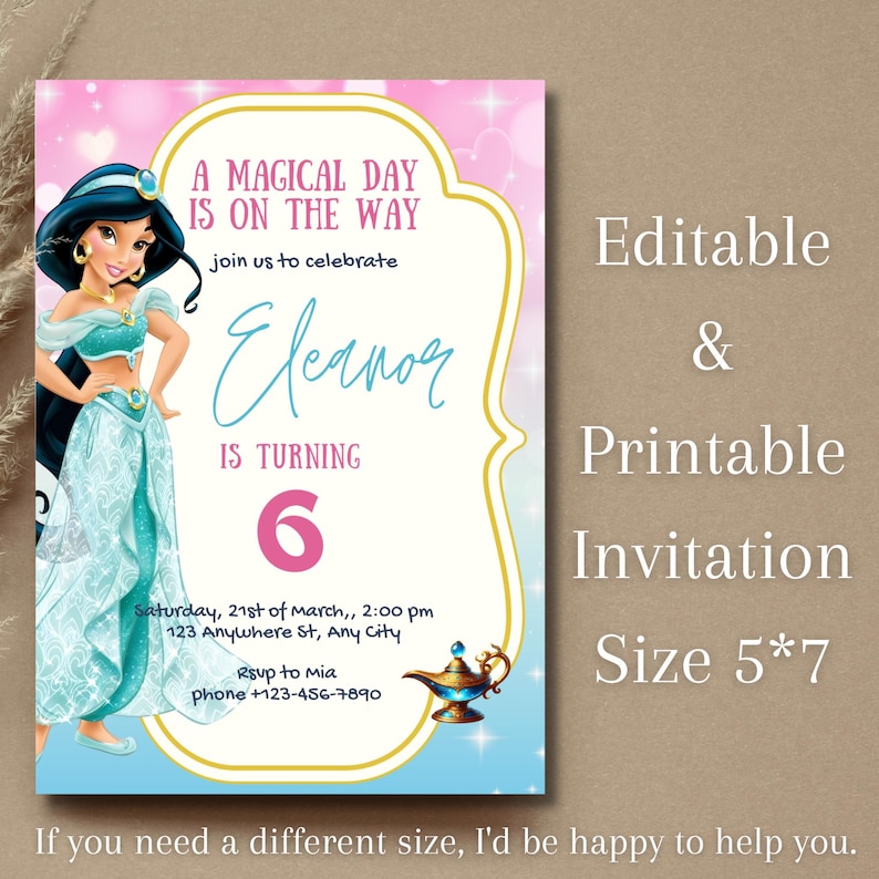 Editable Princess Jasmine Birthday Invitation | Magical Aladdin Party ...