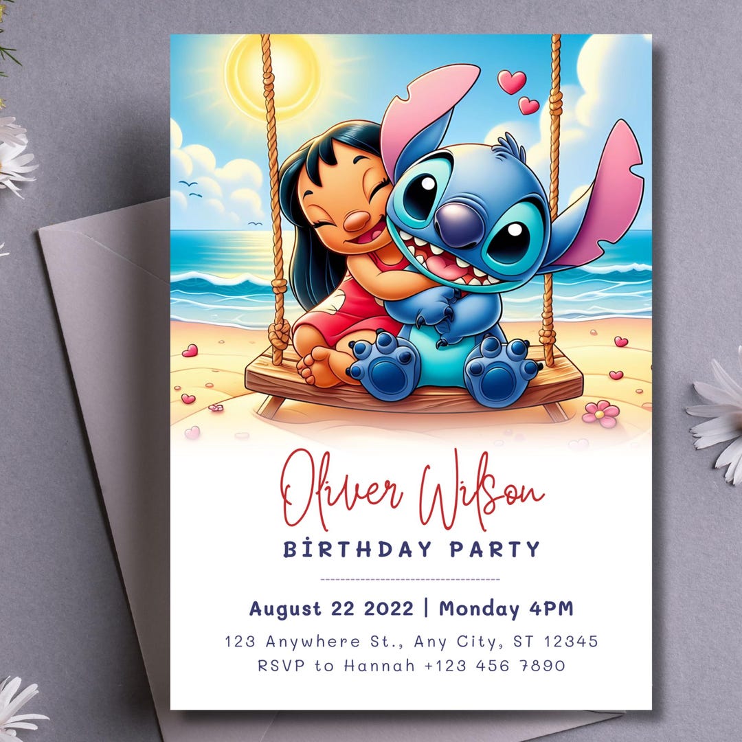 Editable Lilo Stitch Birthday Invitation, Digital Beach Party Card ...
