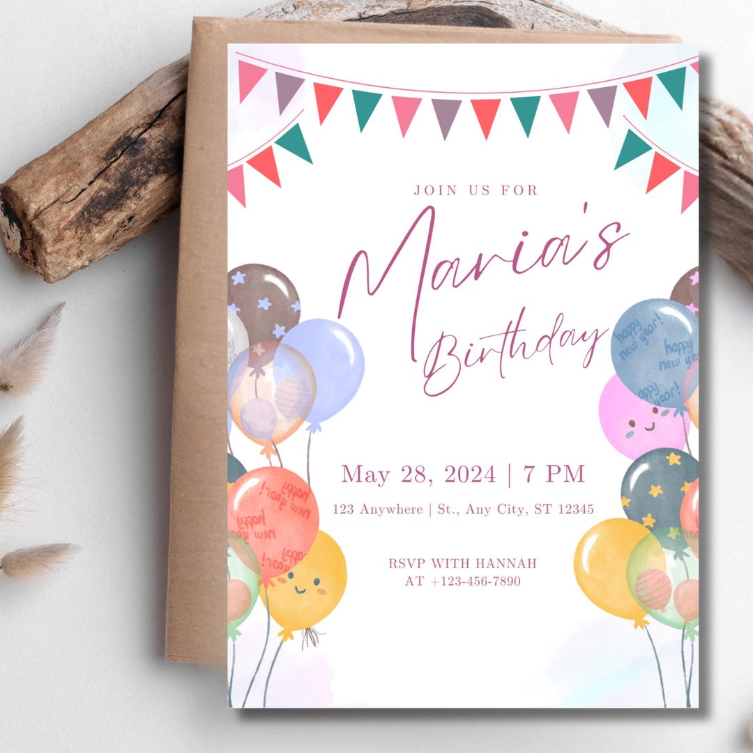 Editable Balloon Birthday Invitation Template, Watercolor Party Invite ...