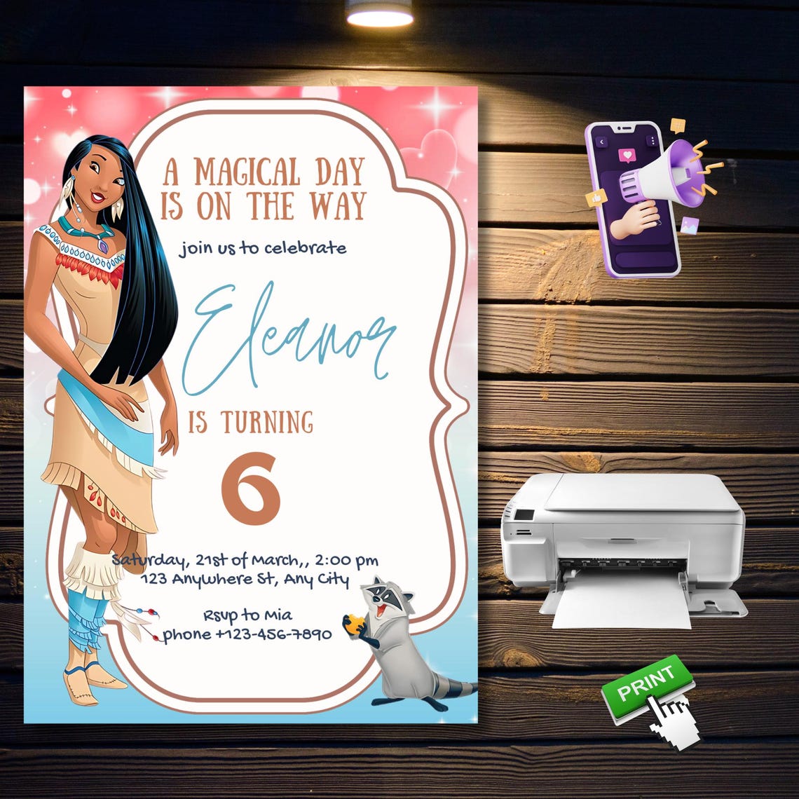 Editable Pocahontas Birthday Invitation | Native American Princess ...