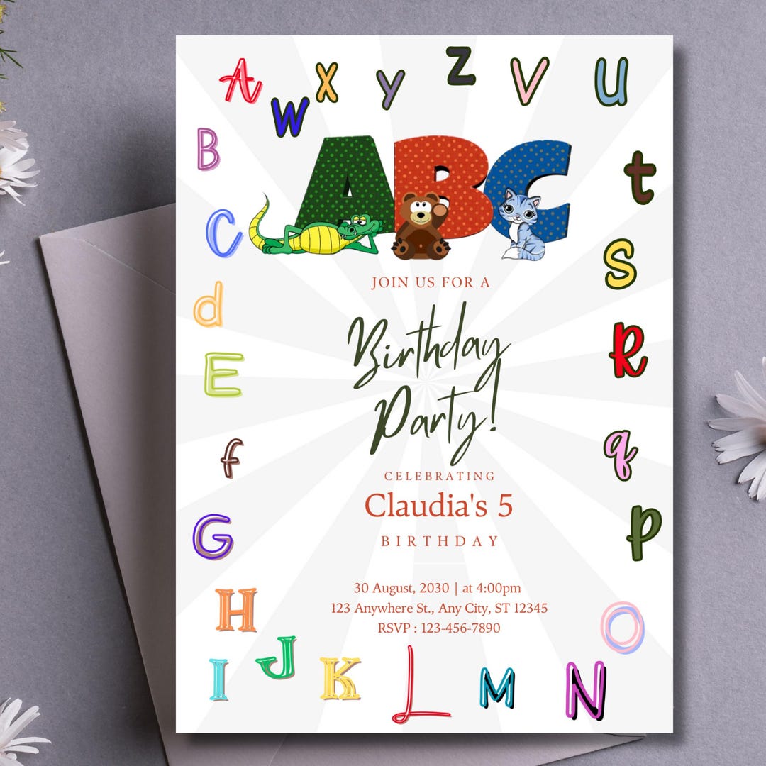 Editable ABC Birthday Invitation | Alphabet Party Invite | Digital ...