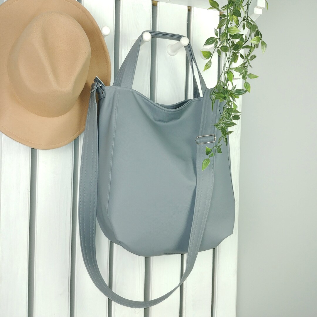 Large Grey Vegan Leather Purse, Aesthetic Tote Bag With Zipper ...