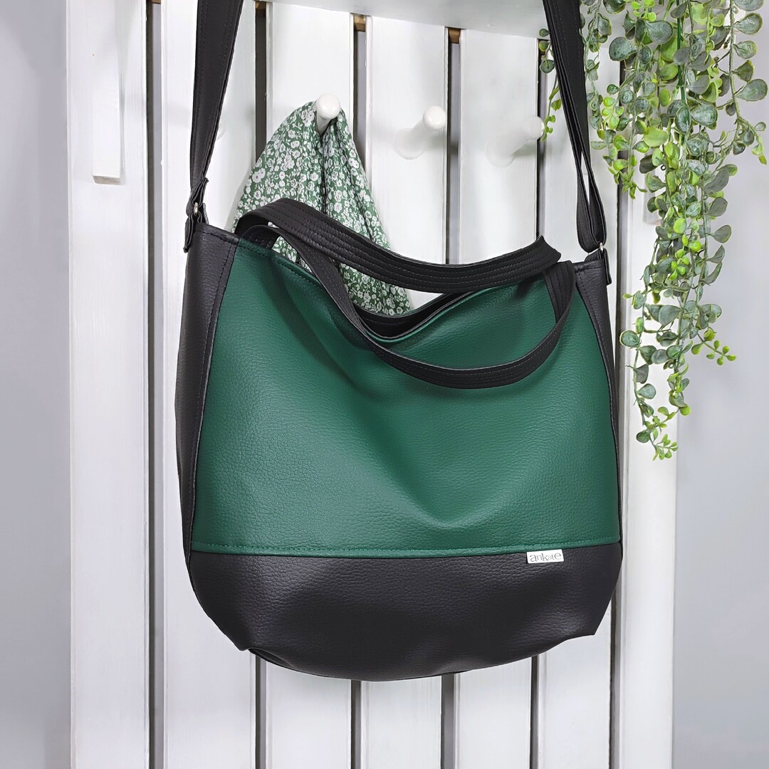 Large Dark Green Crossbody Purse, Vegan Messenger Bag, Soft Leather ...