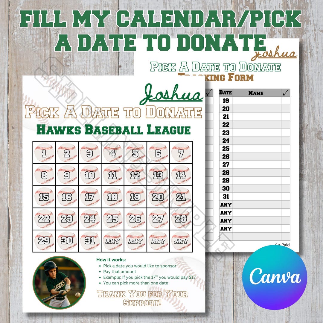 Baseball Calendar Fundraiser Template | Baseball Pick a Date to Donate ...