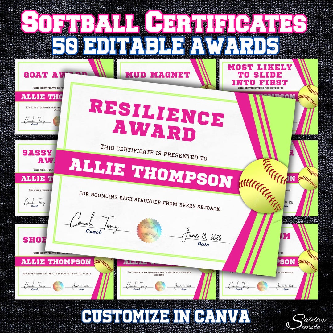 Editable Softball Award Certificates – 50 Printable End-of-season ...