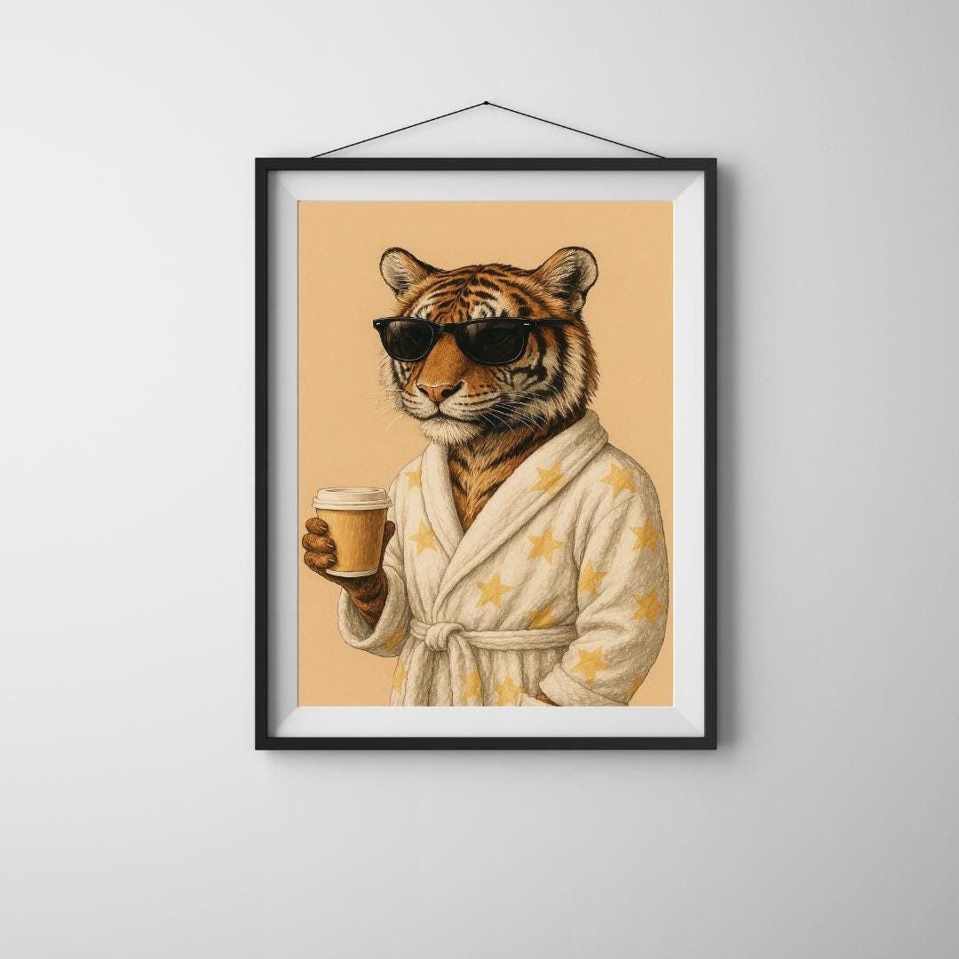 Cool Tiger Coffee Poster – Funny Animal Wall Art – Tiger in Robe ...