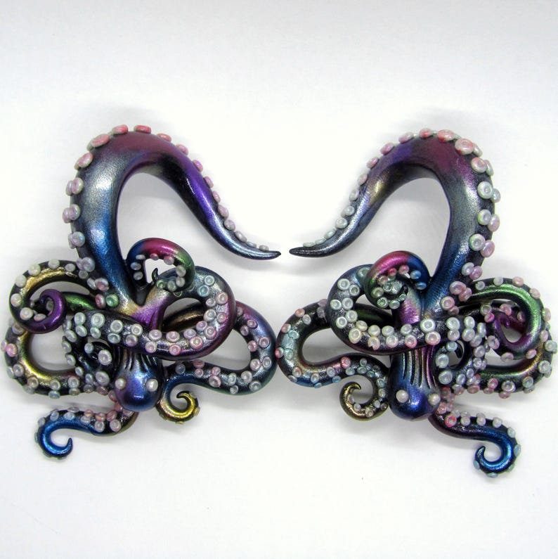 Steampunk Octopus Earrings – Iridescent Faux Gauge or Pierced ...