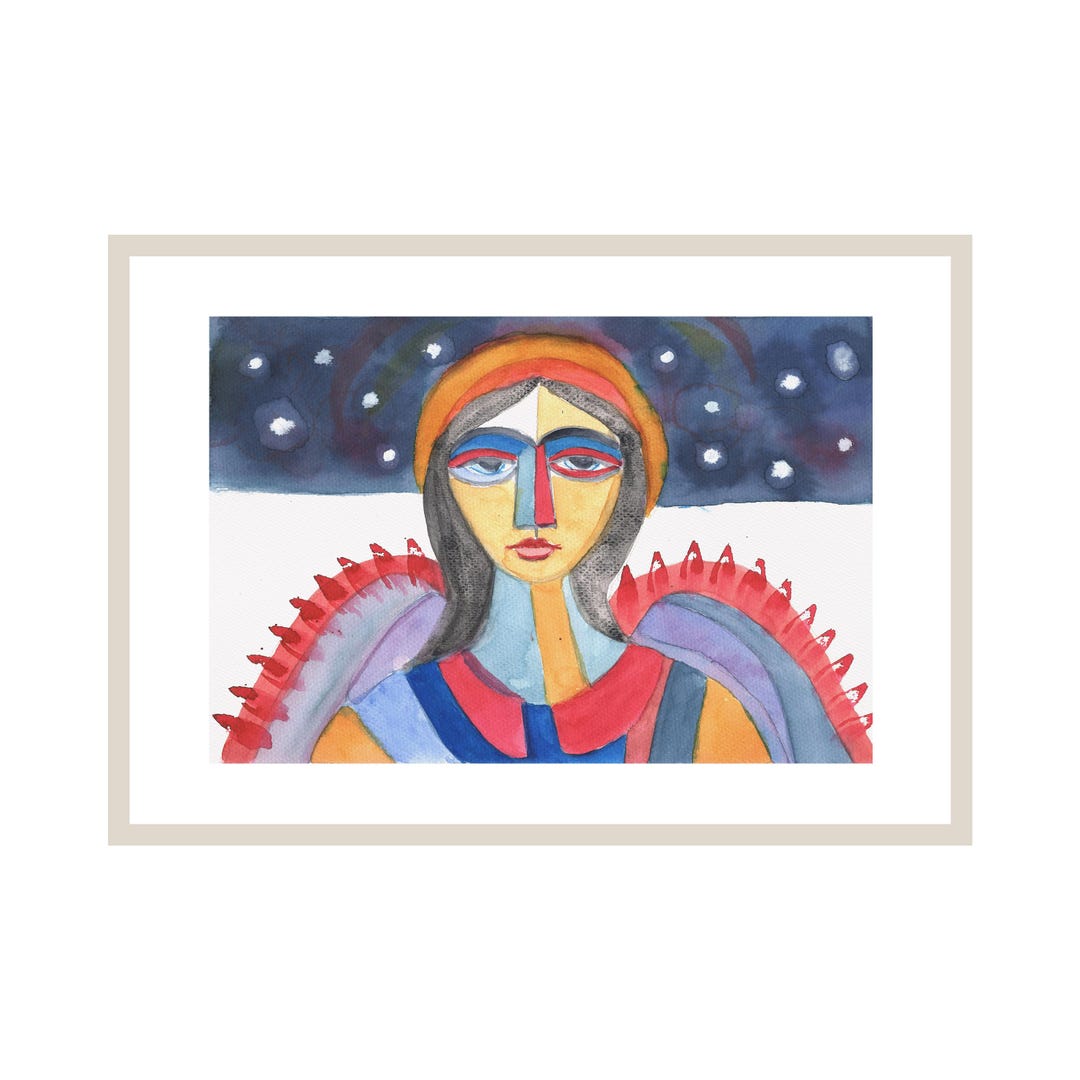 Angelic Portrait Watercolor Print, Gold Halo Night Sky, Printable ...