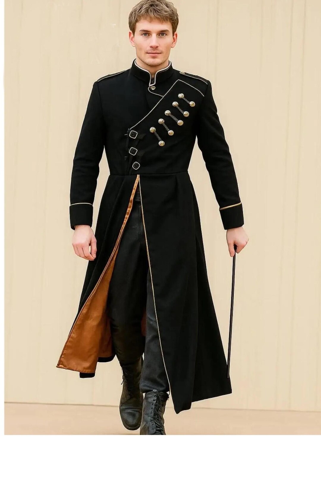 New Uniform Black Mens Long Cossack Wool Frock Coat Men Russian Costume ...