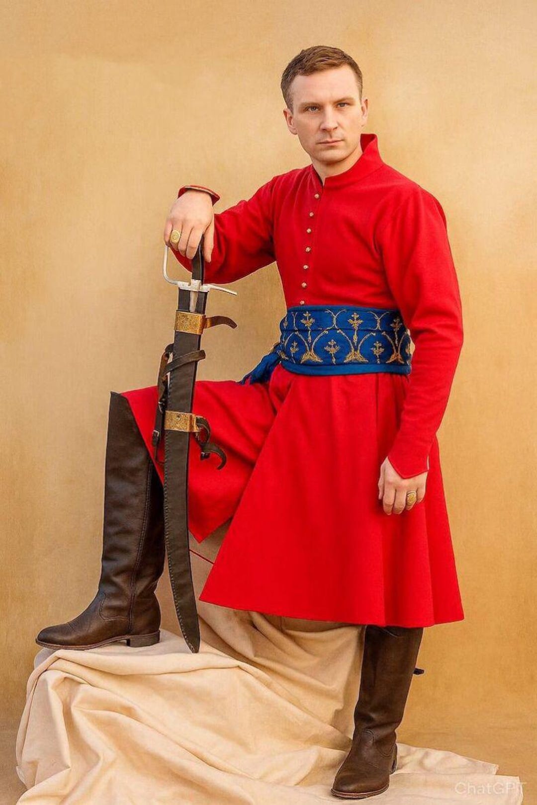 Men's Red Medieval Cossack Wool Russian War Mental Zupan Long Cossack ...