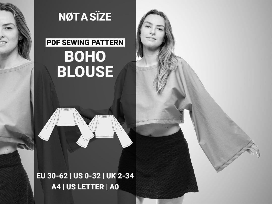 Blouse Top Sewing Pattern, Boho Hippie Flared Sleeve Summer Beach Crop ...