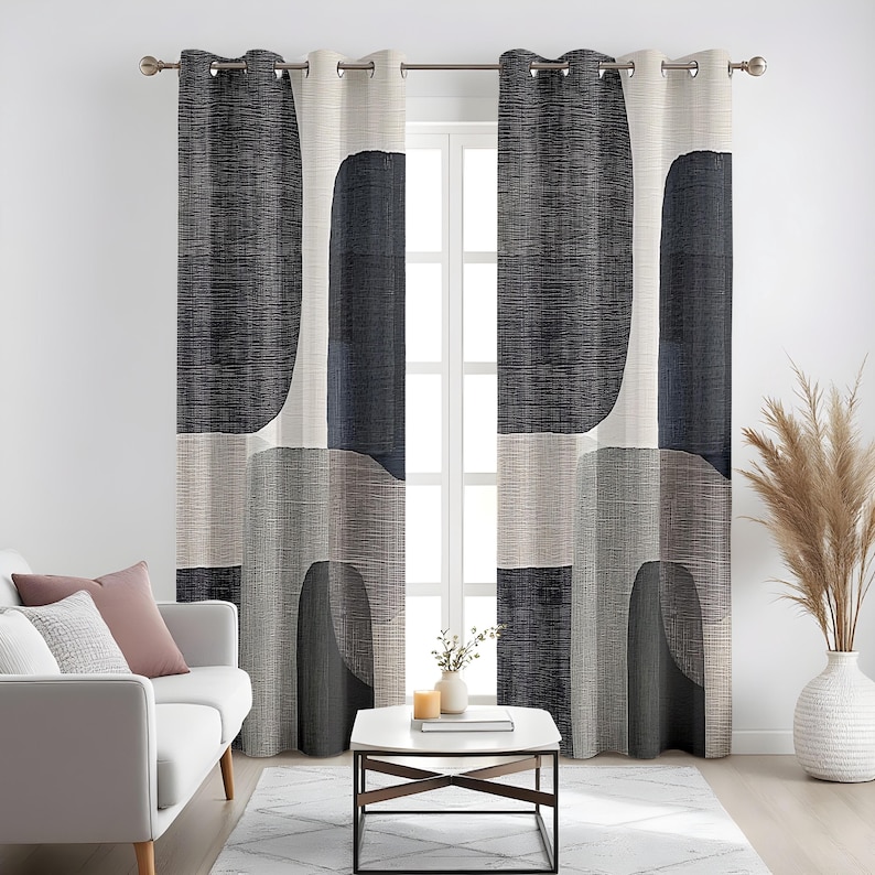 Modern Geometric Living Room Curtains, Black and Beige Abstract Drapes ...