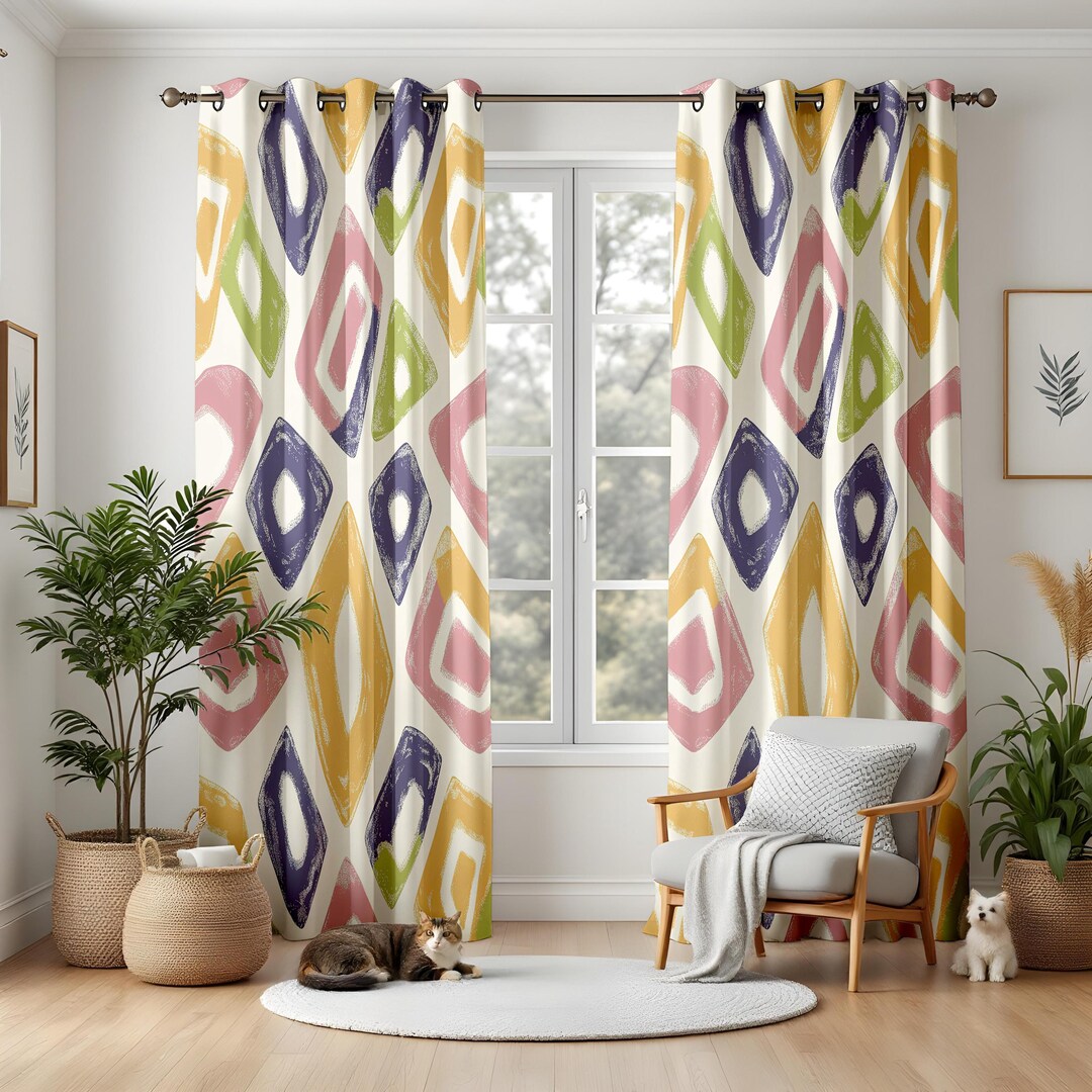 Colorful Diamond Pattern Curtains, Playful Living Room Drapes ...