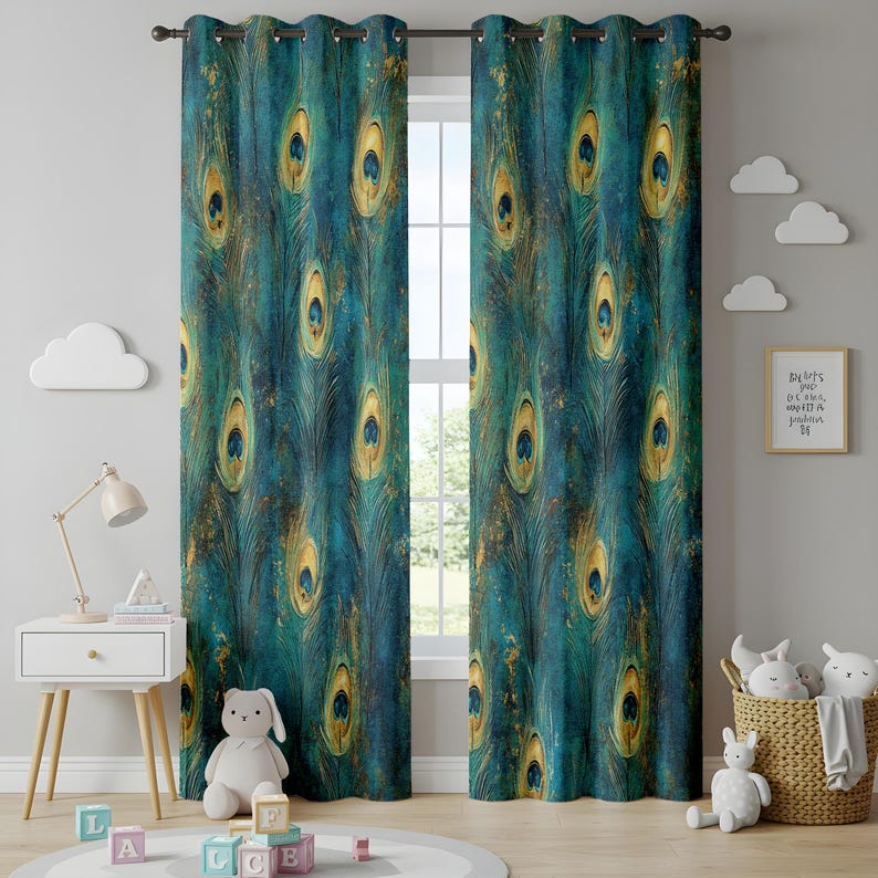 Peacock Feather Curtains for Living Room, Glam Exotic Drapes in Teal ...