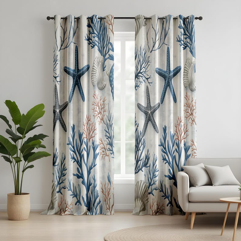 Coastal Beach Living Room Curtains, Nautical Starfish and Coral Drapes ...