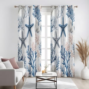 Coastal Beach Living Room Curtains, Nautical Starfish and Coral Drapes ...
