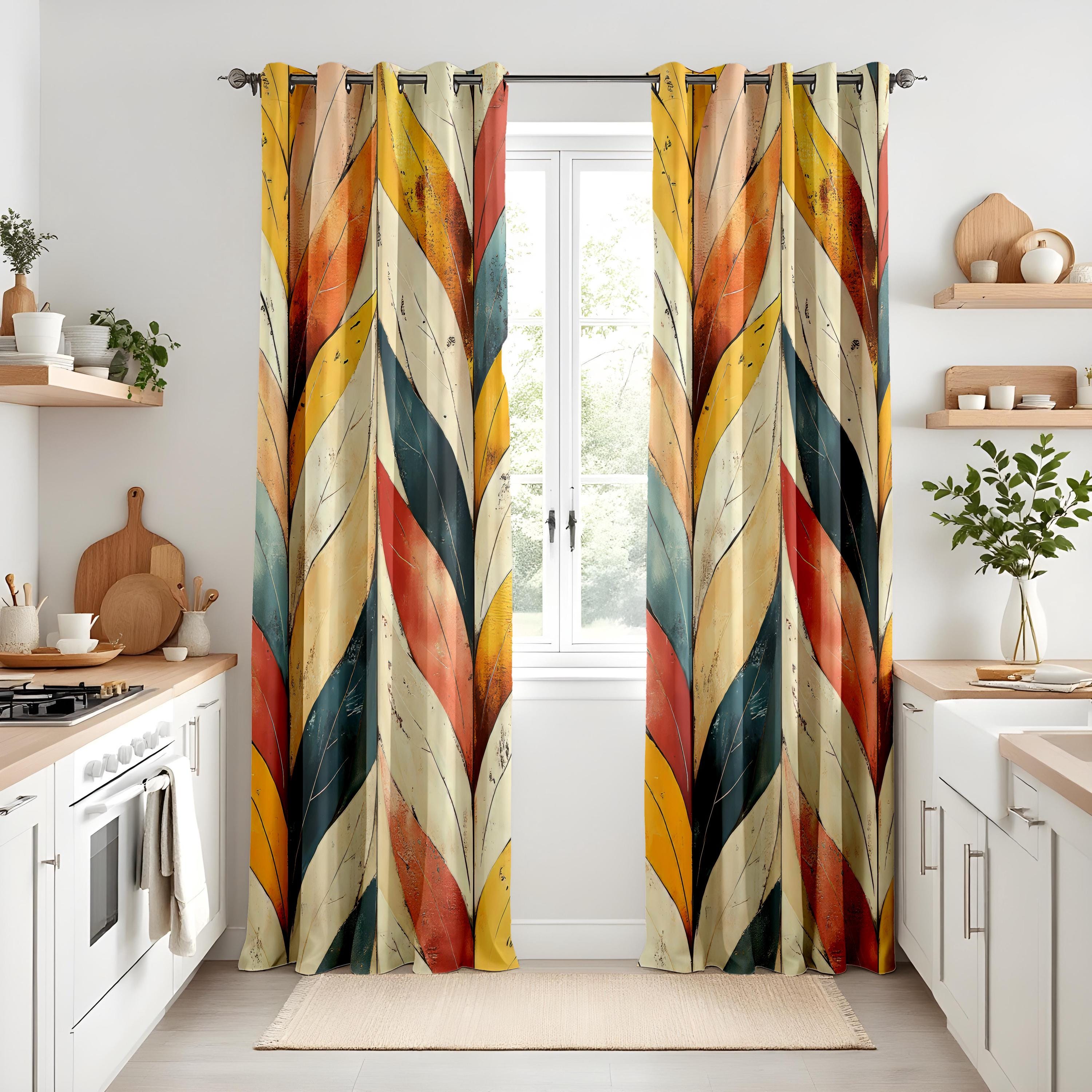 Colorful Boho Leaf Pattern Window Curtains, Retro Style Living Room ...