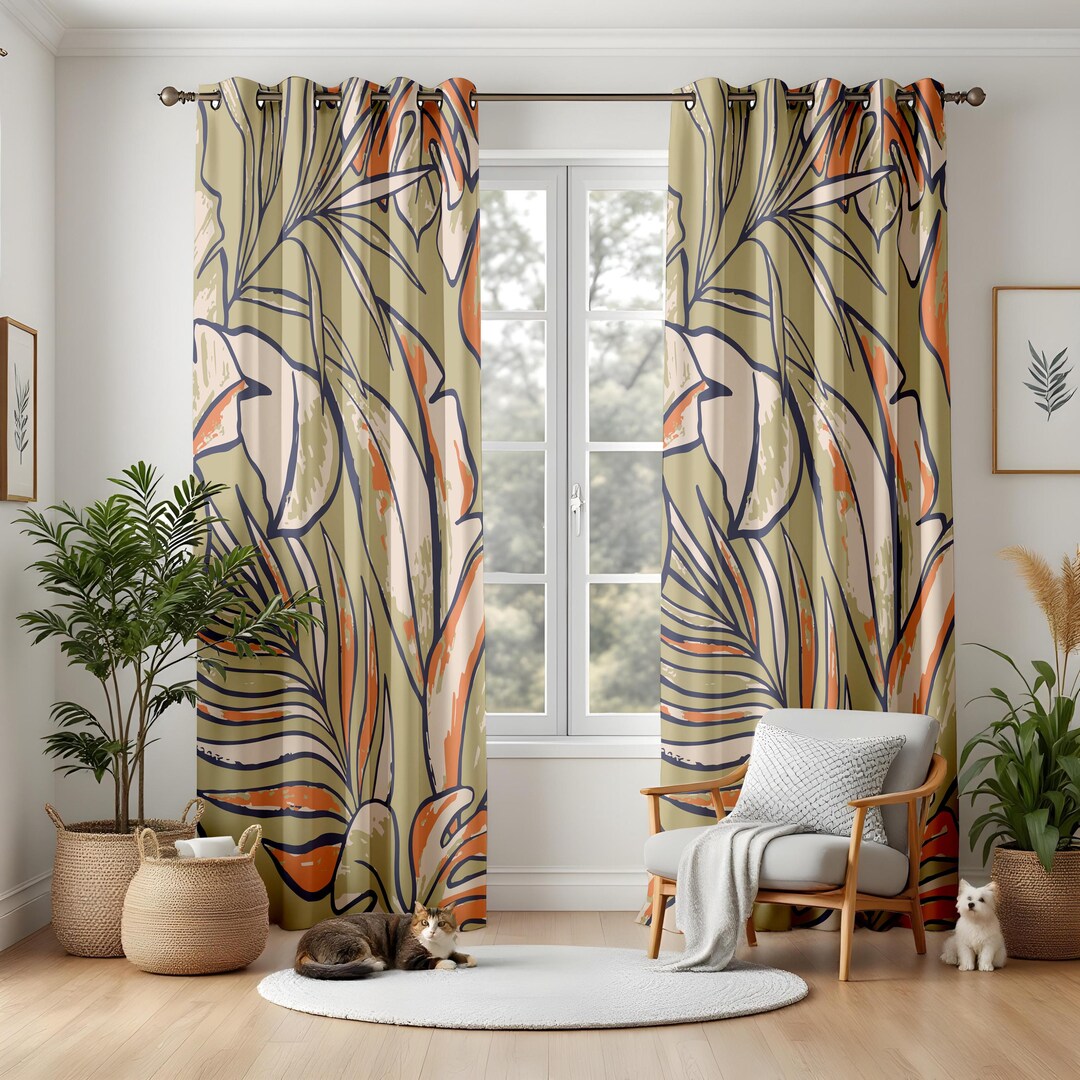 Tropical Leaf Curtains for Living Room, Hand Drawn Botanical Drapes in ...