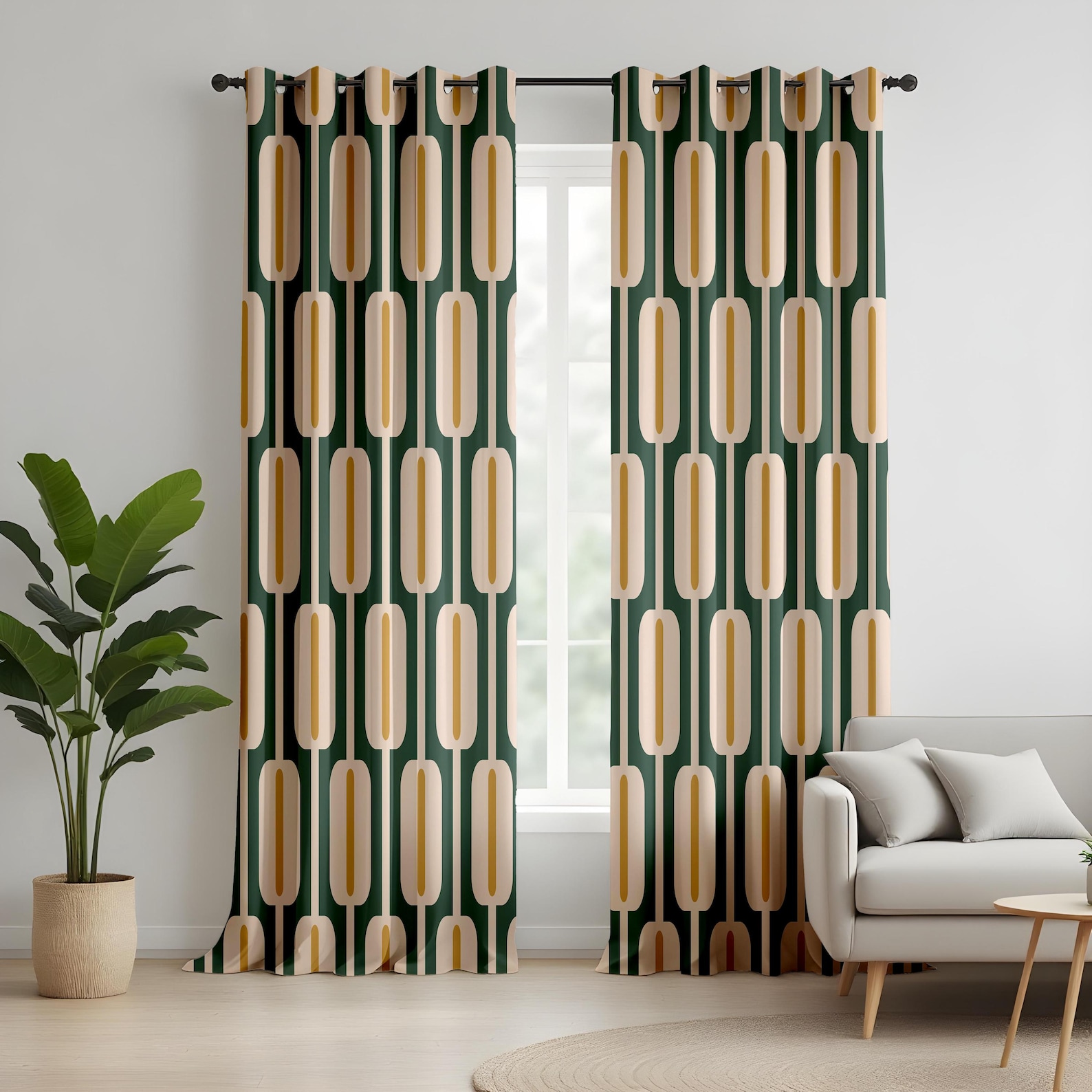 Mid Century Modern Living Room Curtains, Olive Green Retro Geometric ...