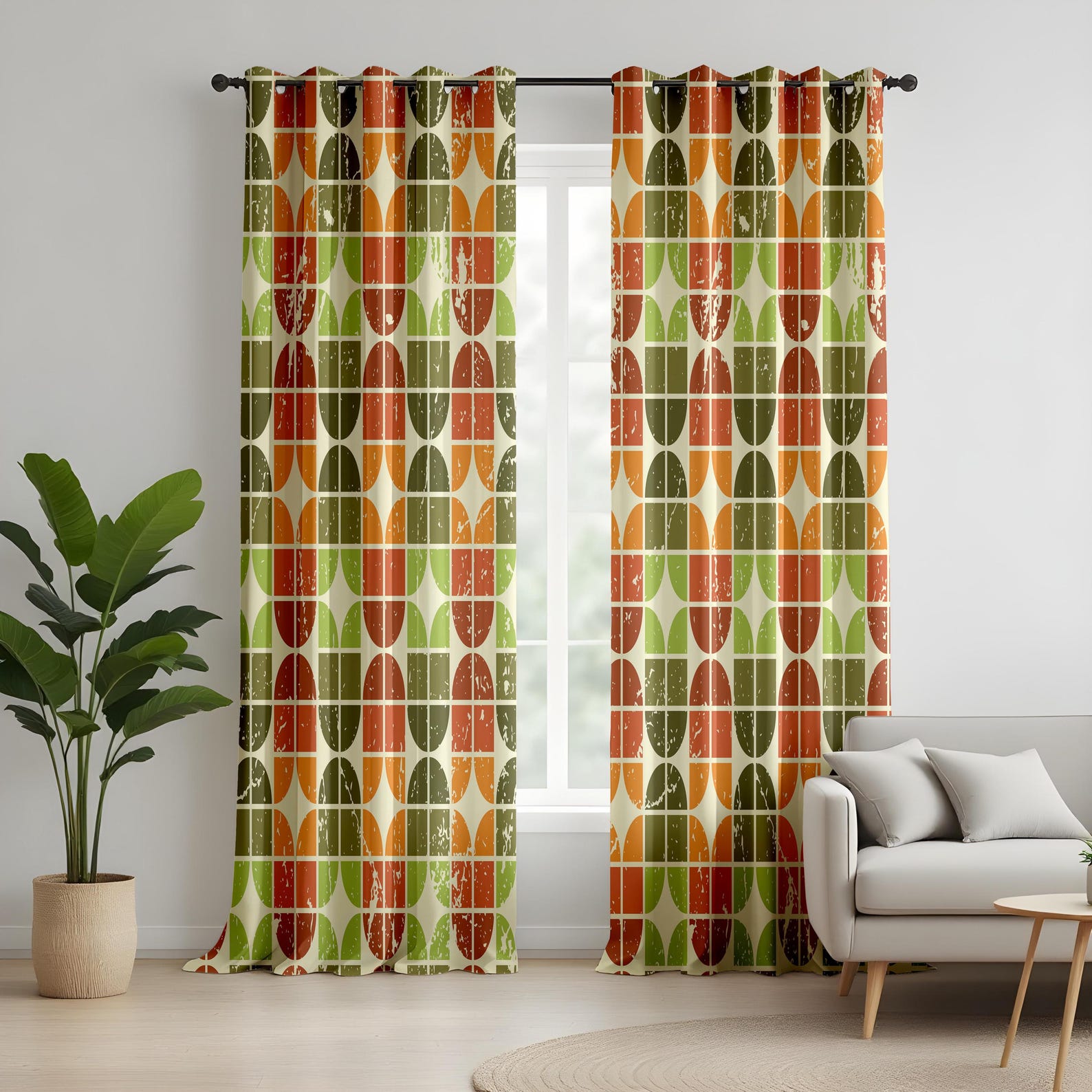 Mid Century Modern Living Room Curtains, Retro Geometric Pattern Drapes ...