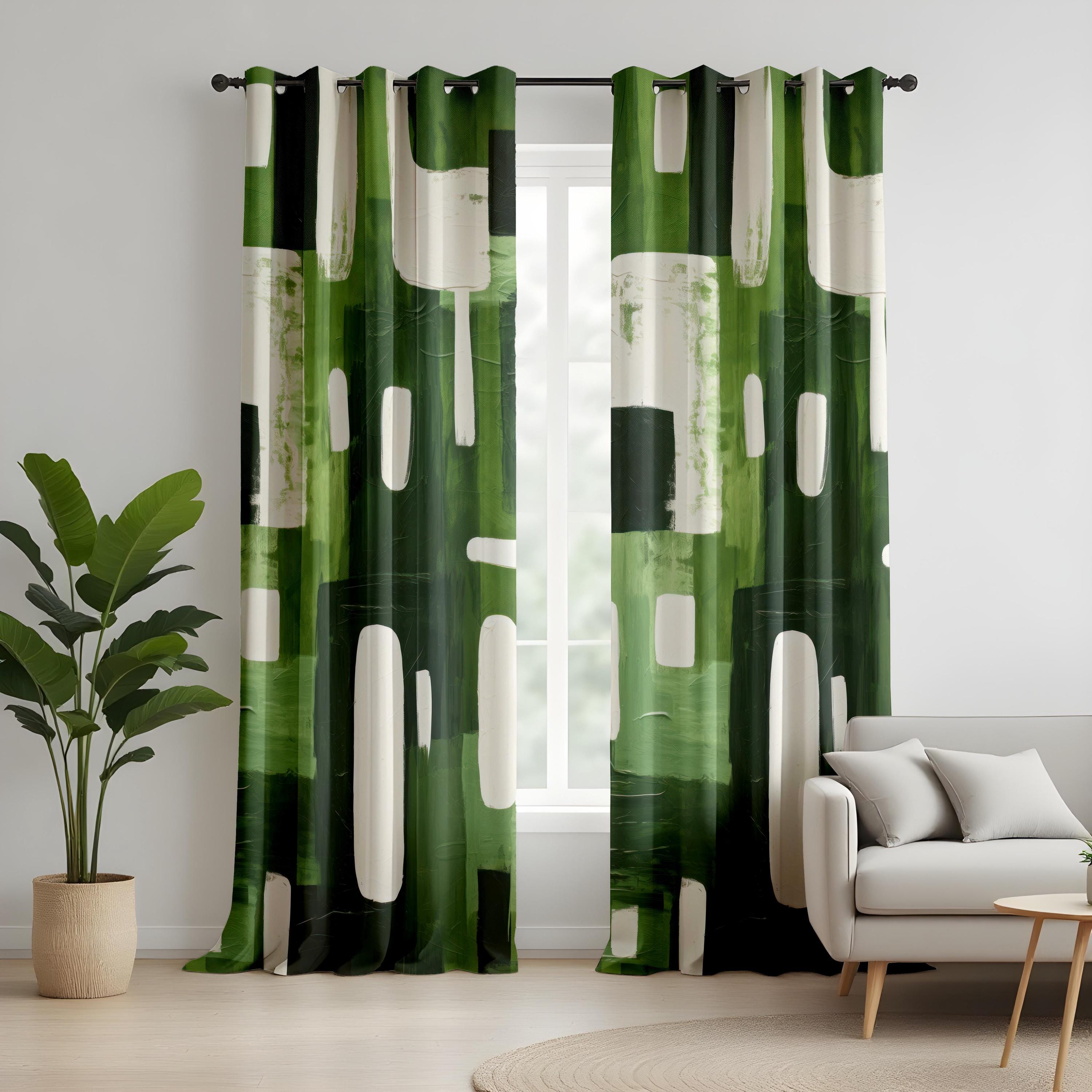 Jade Brushstroke Living Room Curtains, Green Abstract Drapes, White ...