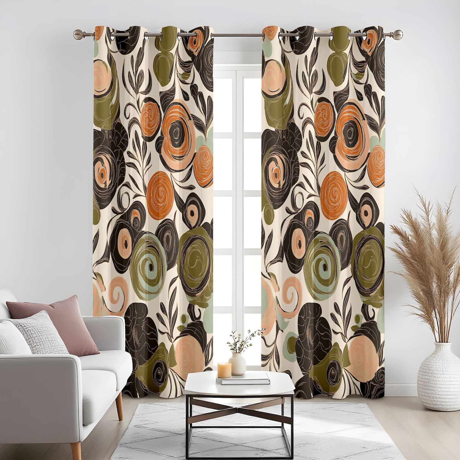 Earthy Abstract Blackout Curtains, Organic Swirl Living Room Drapes ...