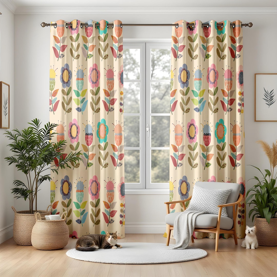 Colorful Floral Curtains for Living Room, Cream Background Boho Flower ...