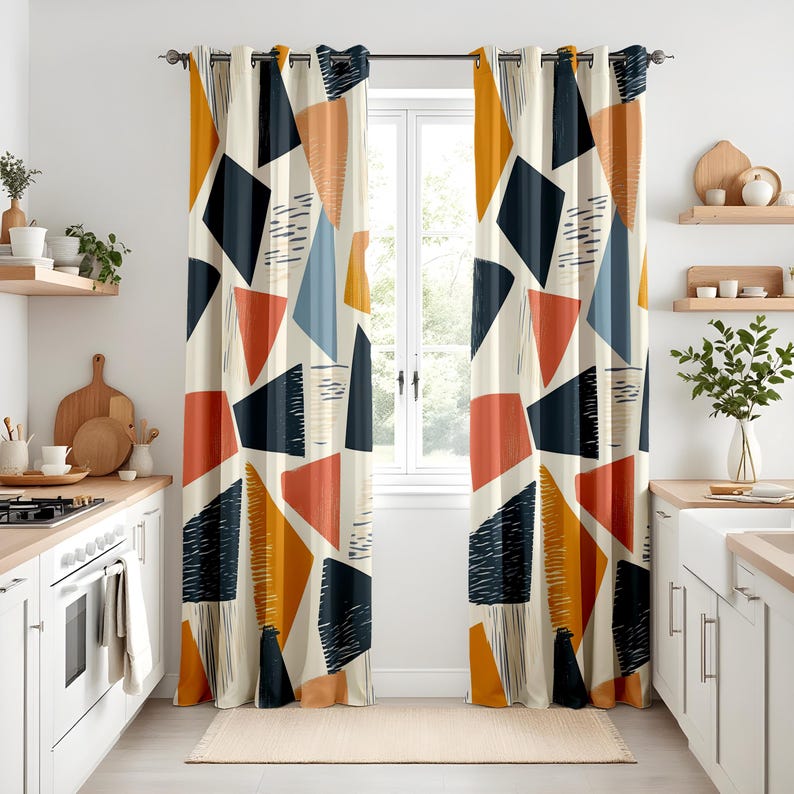 Abstract Geometric Living Room Curtains, Painterly Triangle Drapes ...