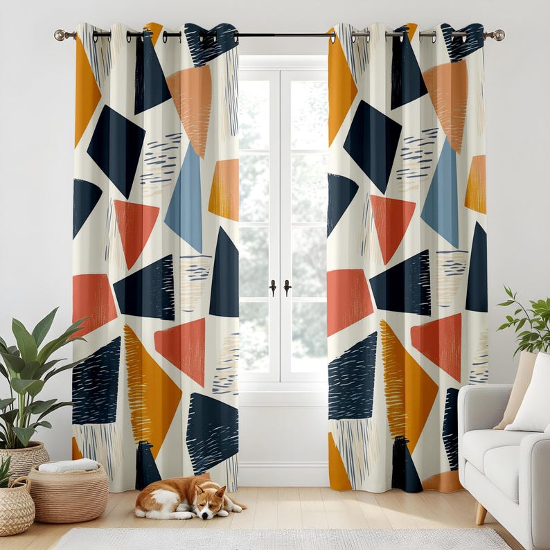 Abstract Geometric Living Room Curtains, Painterly Triangle Drapes ...