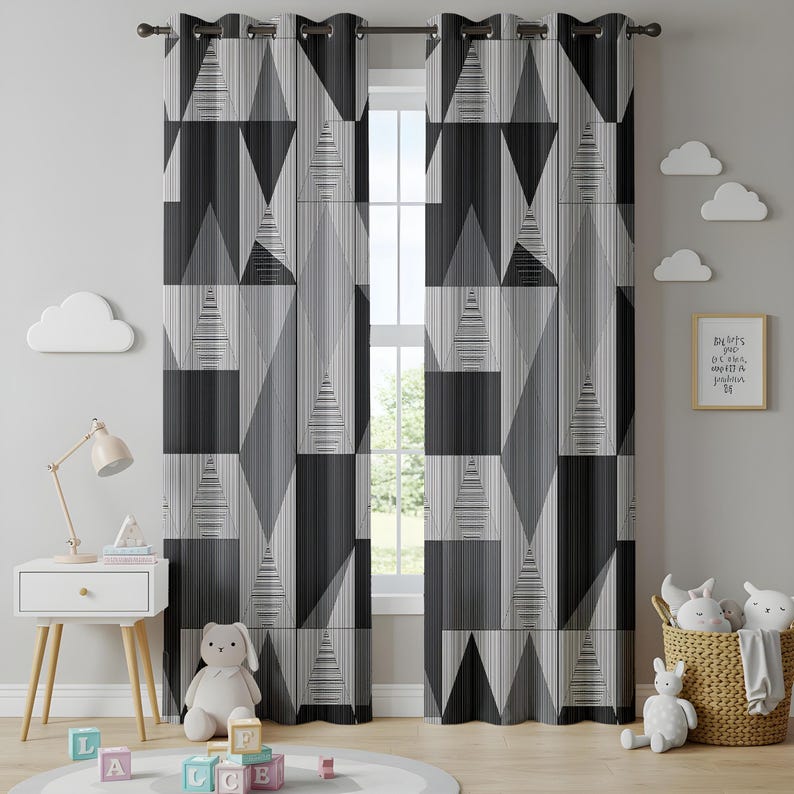 Modern Geometric Living Room Curtains, Black and Gray Abstract Triangle ...