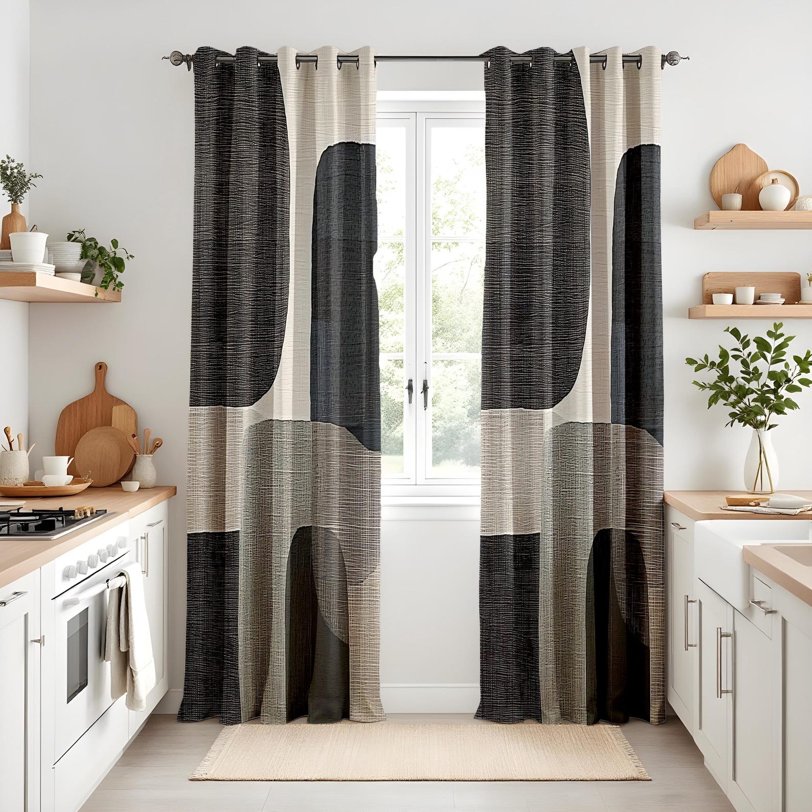 Modern Geometric Living Room Curtains, Black and Beige Abstract Drapes ...