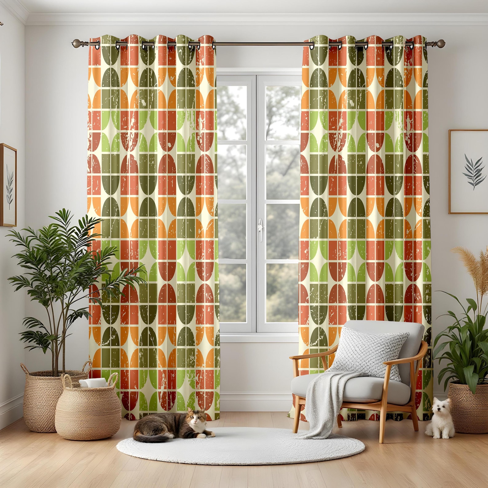 Mid Century Modern Living Room Curtains, Retro Geometric Pattern Drapes ...