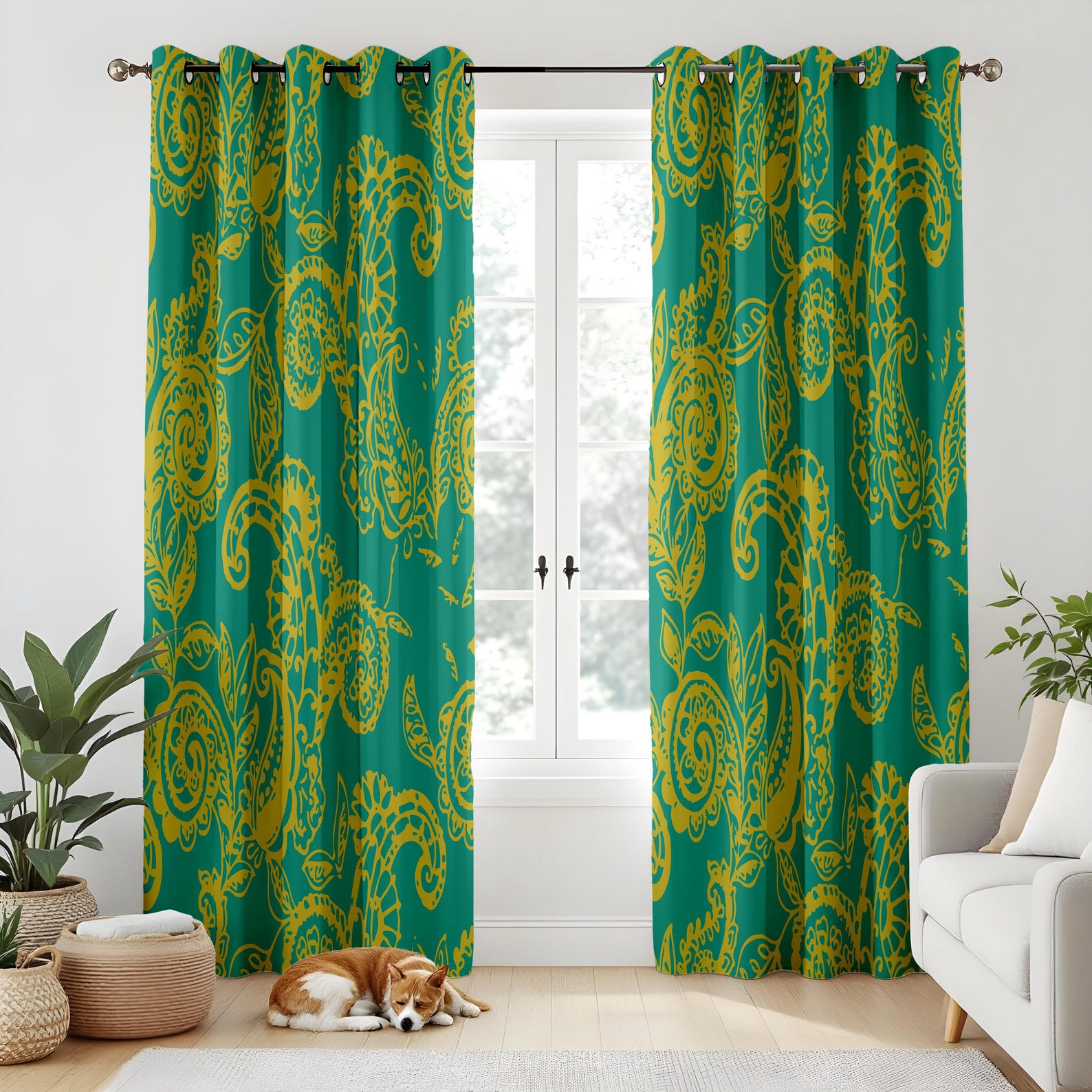 Bold Boho Paisley Living Room Curtains, Green and Yellow Ethnic Drapes ...