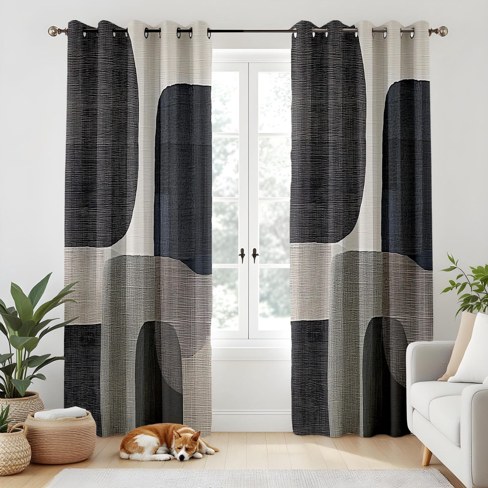 Modern Geometric Living Room Curtains, Black and Beige Abstract Drapes ...