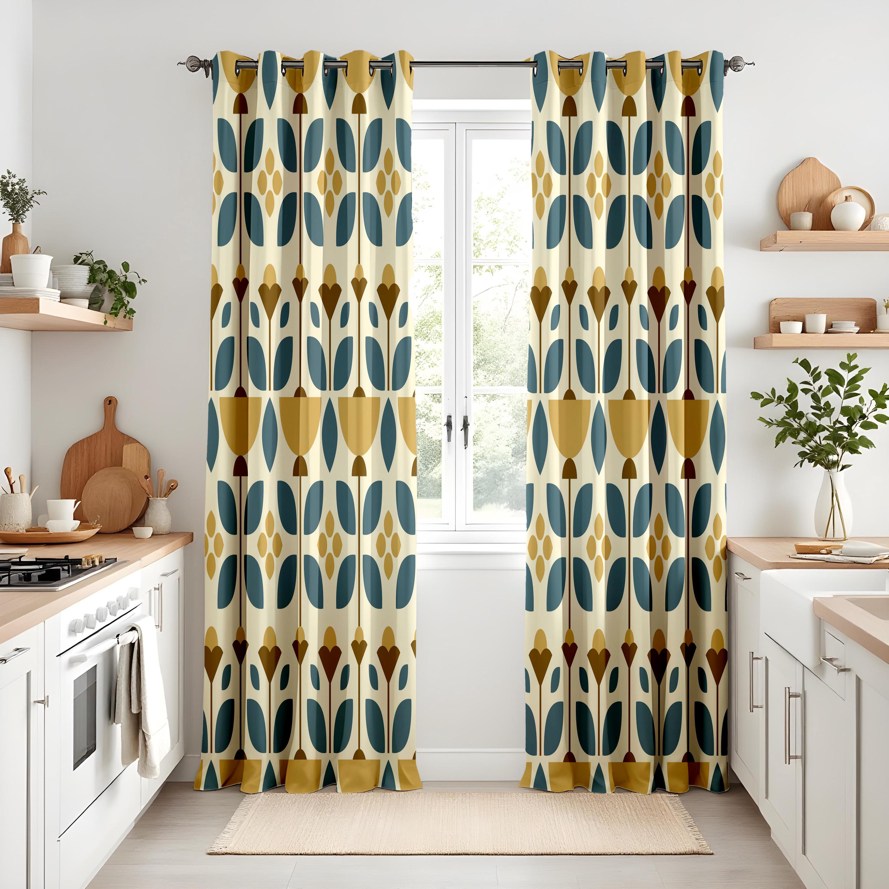 Retro Mid-century Modern Floral Living Room Curtains, Teal & Mustard ...
