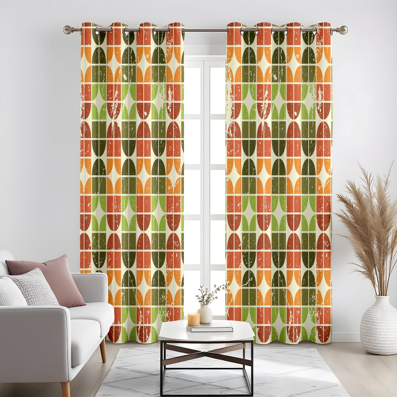 Mid Century Modern Living Room Curtains, Retro Geometric Pattern Drapes ...