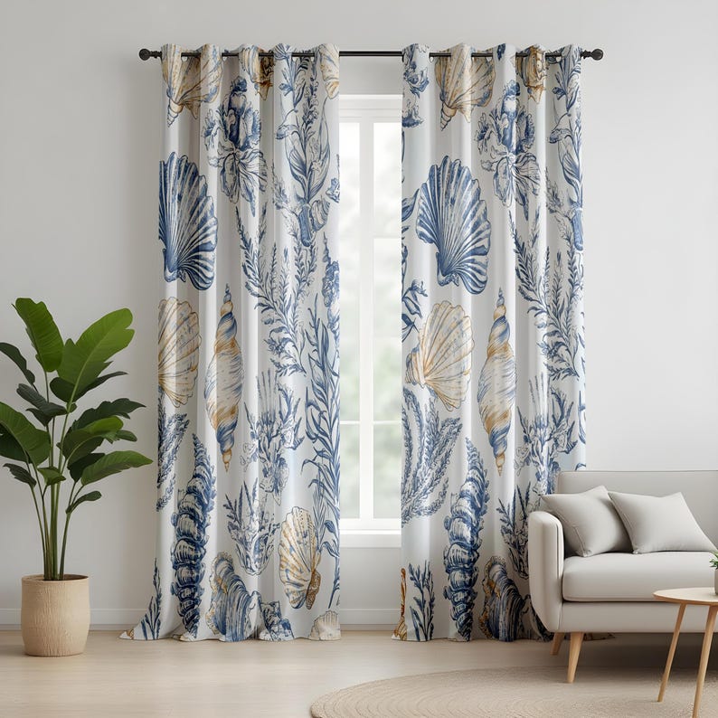 Vintage Seashell Living Room Curtains, Blue and Beige Ocean Botanical ...
