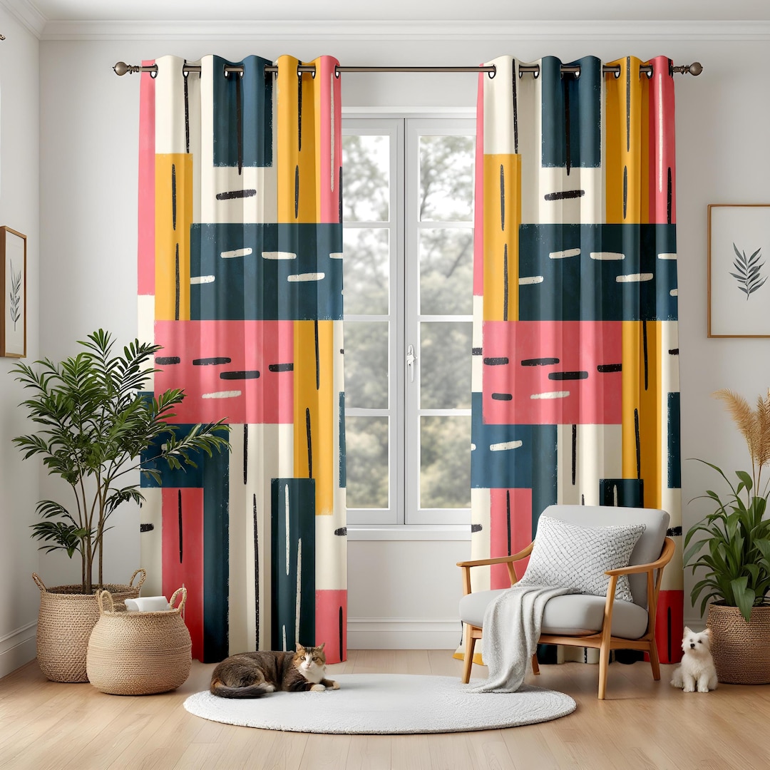 Color Block Living Room Curtains, Modern Retro Window Drapes, Bold ...
