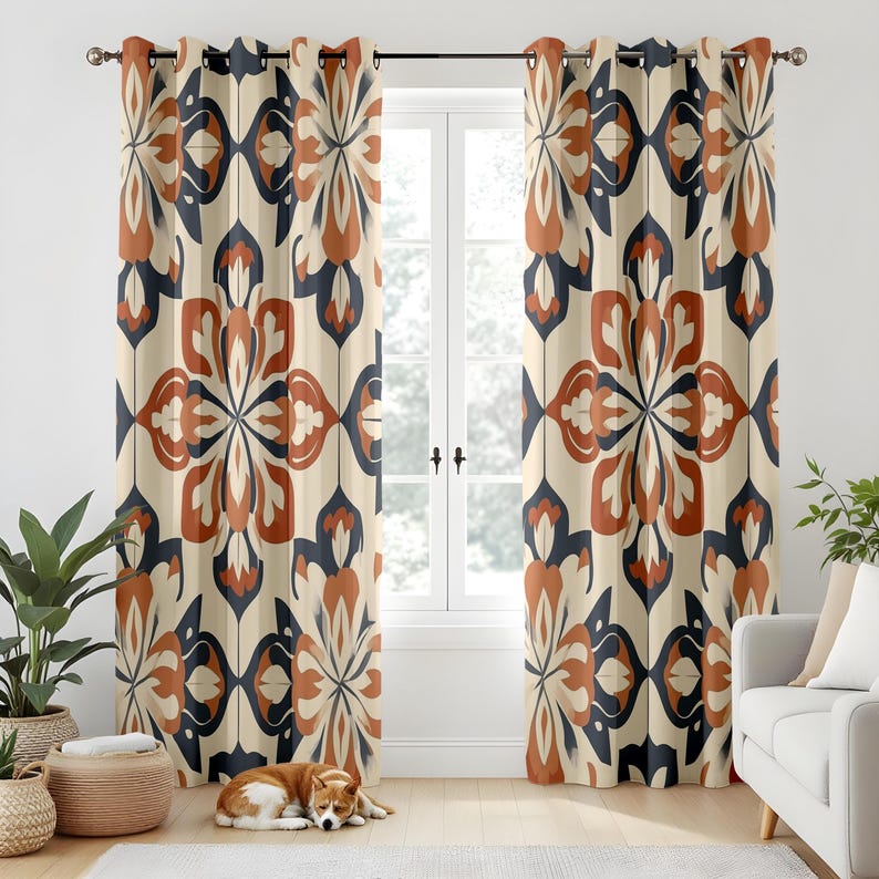 Terracotta Tile Living Room Curtains, Spanish Floral Pattern Draperies ...