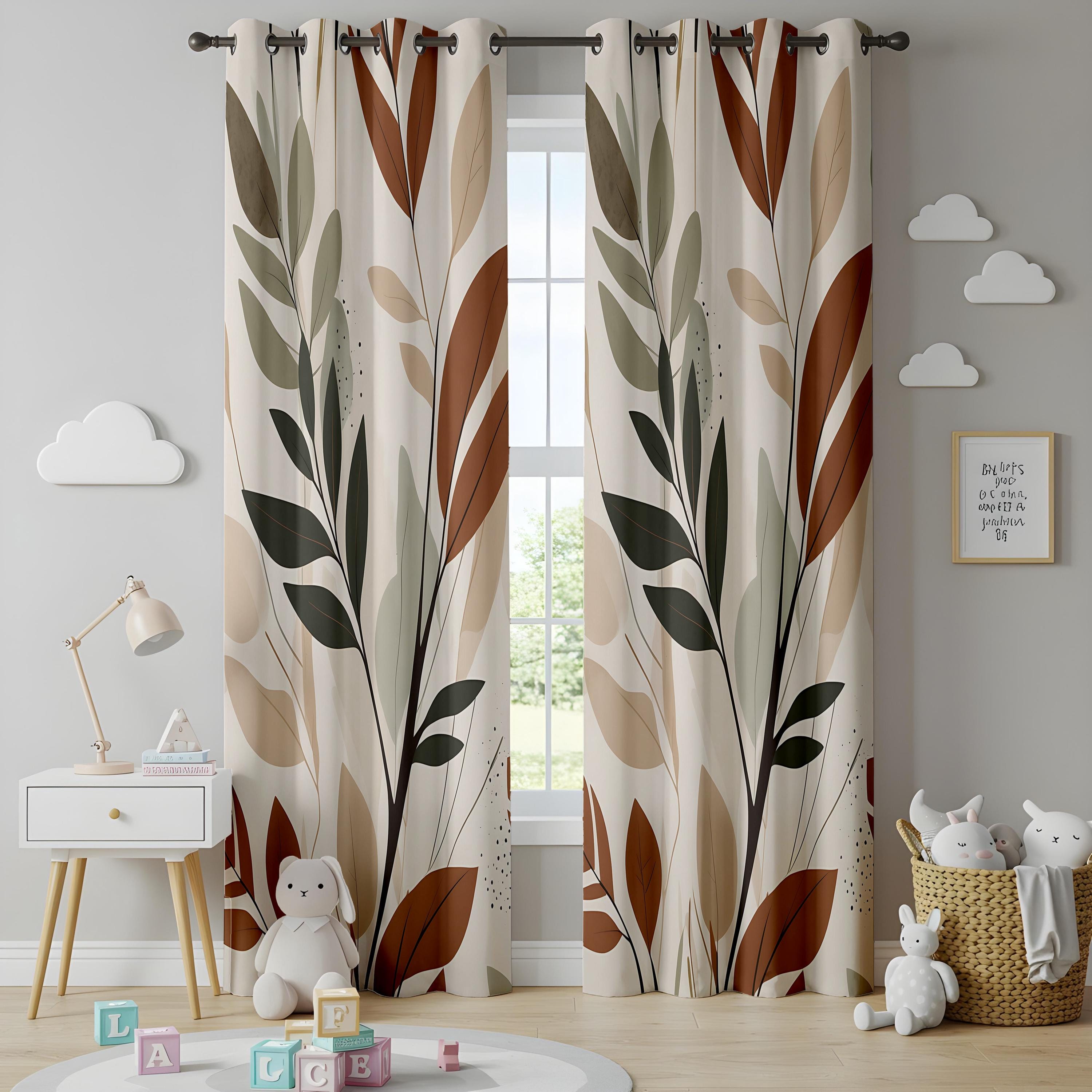 Modern Leaf Pattern Living Room Curtains, Neutral Botanical Window ...