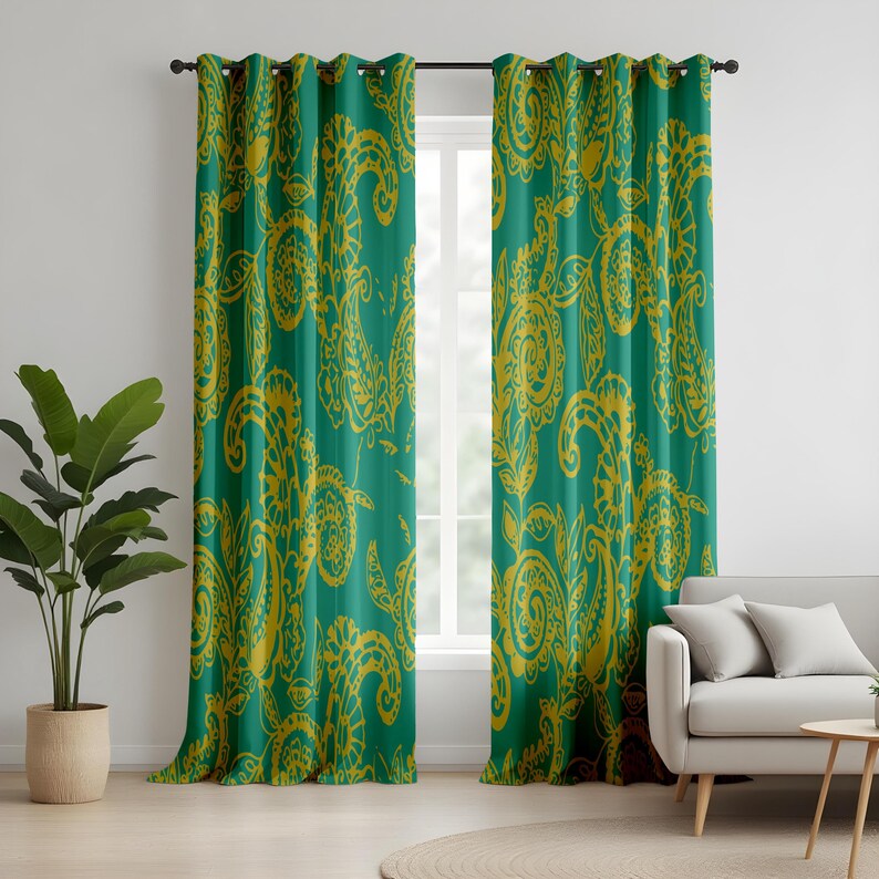 Bold Boho Paisley Living Room Curtains, Green and Yellow Ethnic Drapes ...