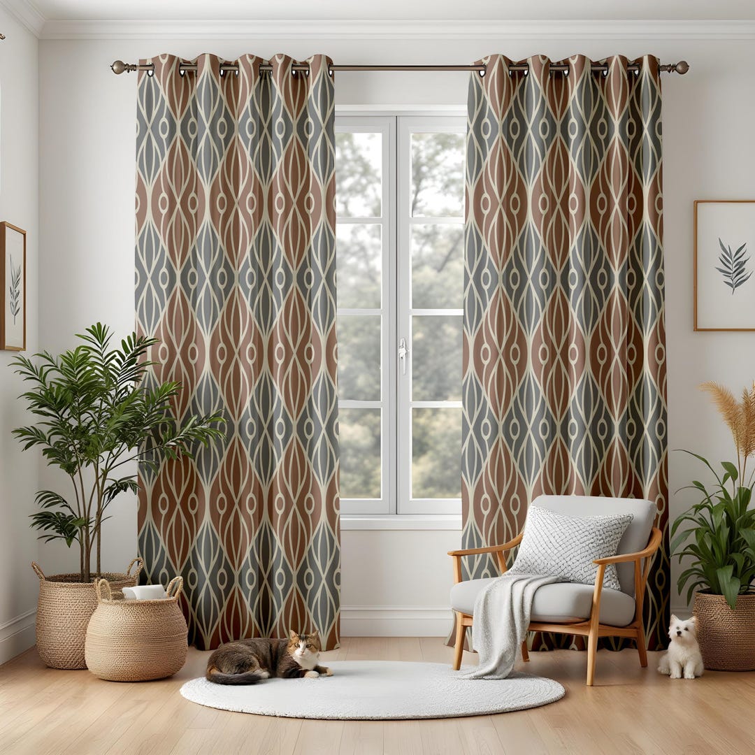 Modern Geometric Living Room Curtains, Earth Tone Mid Century Pattern ...